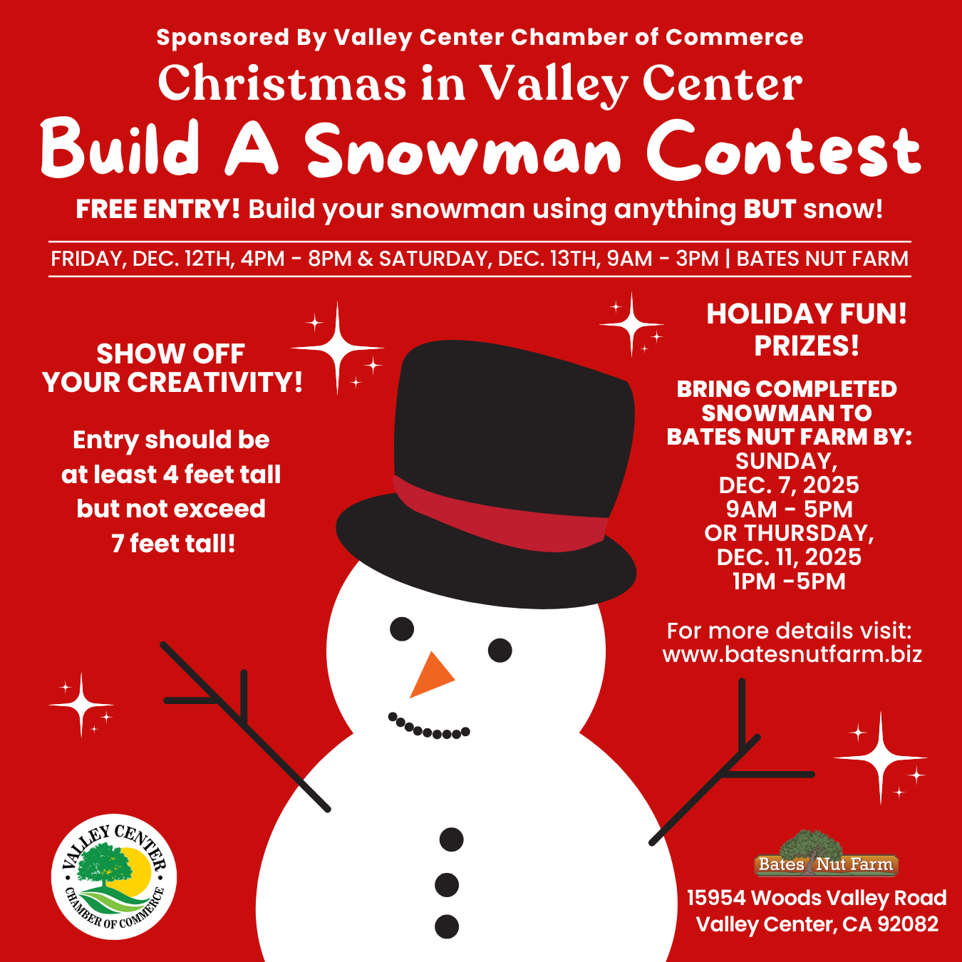 Build A Snowman Contest | Christmas in Valley Center 2025 – Bates Nut Farm